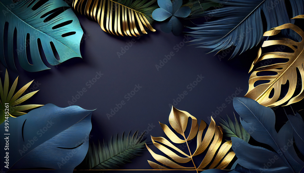 Exotic luxury background, frame, card. Tropical green, blue and golden ...