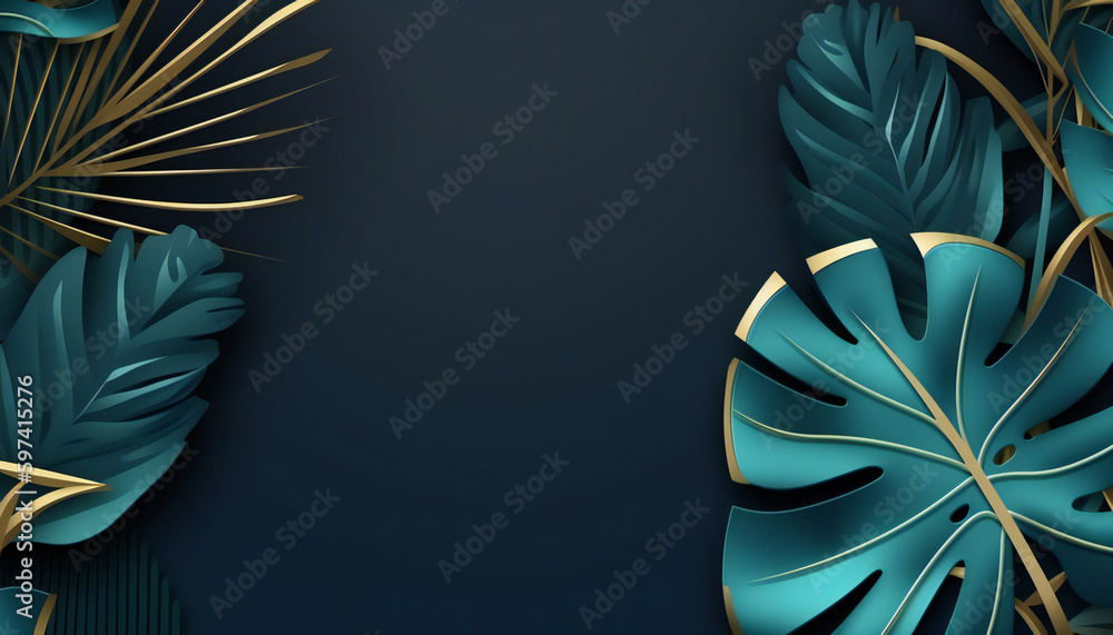 Exotic luxury background, frame, card. Tropical green, blue and golden ...