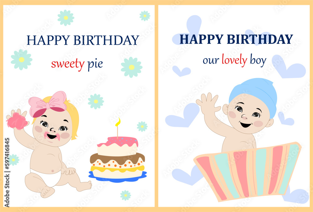 birthday cards for a little boy and girl with flowers, cake, hearts on ...