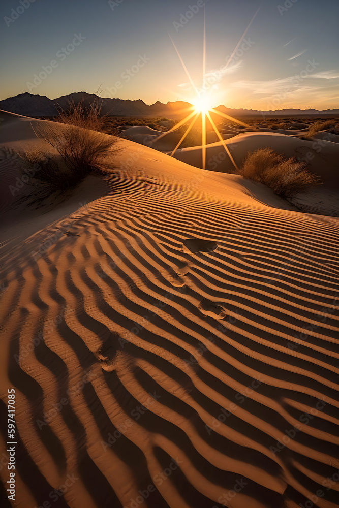 sunrise over sand patterns, the first sunrays cast vibrant hues onto ...