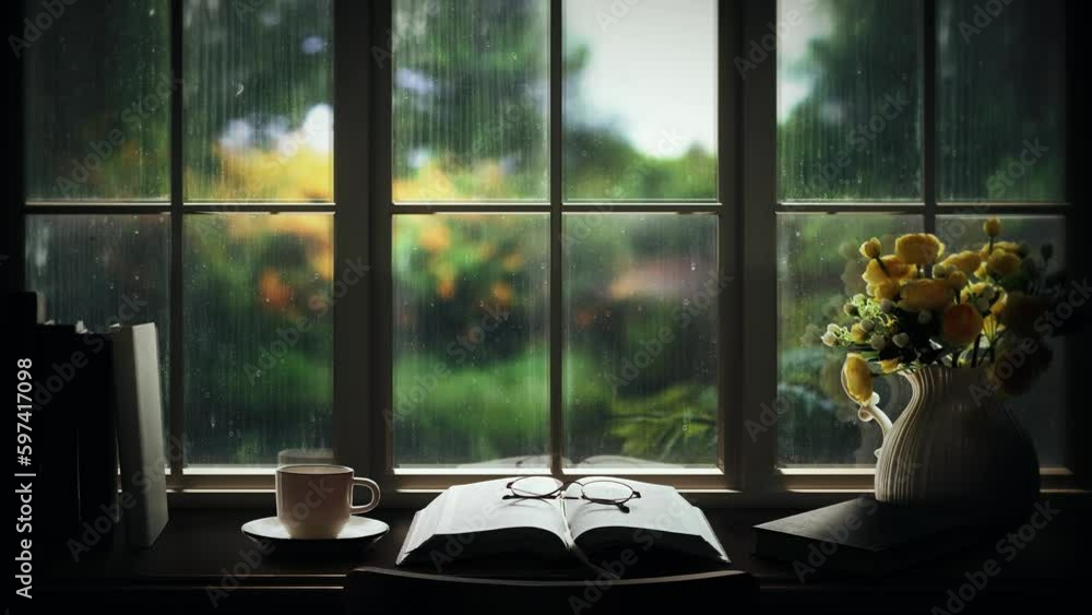 Rain falling on the glass window sill, flowing raindrops, comfortable ...