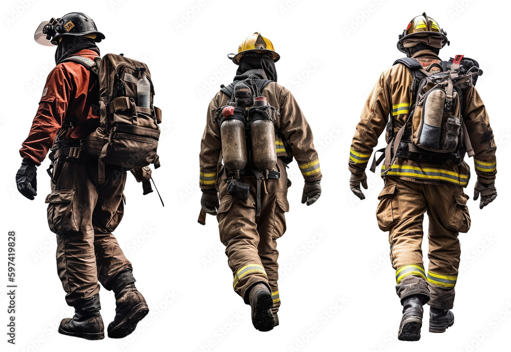Three firefighters in different fire suits with helmet and oxygen ...