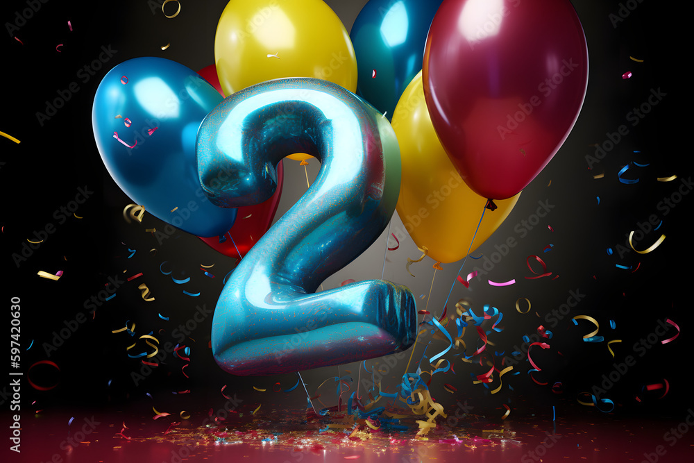 Fête anniversaire avec ballons d'hélium bleus et colorés pour célébrer ...