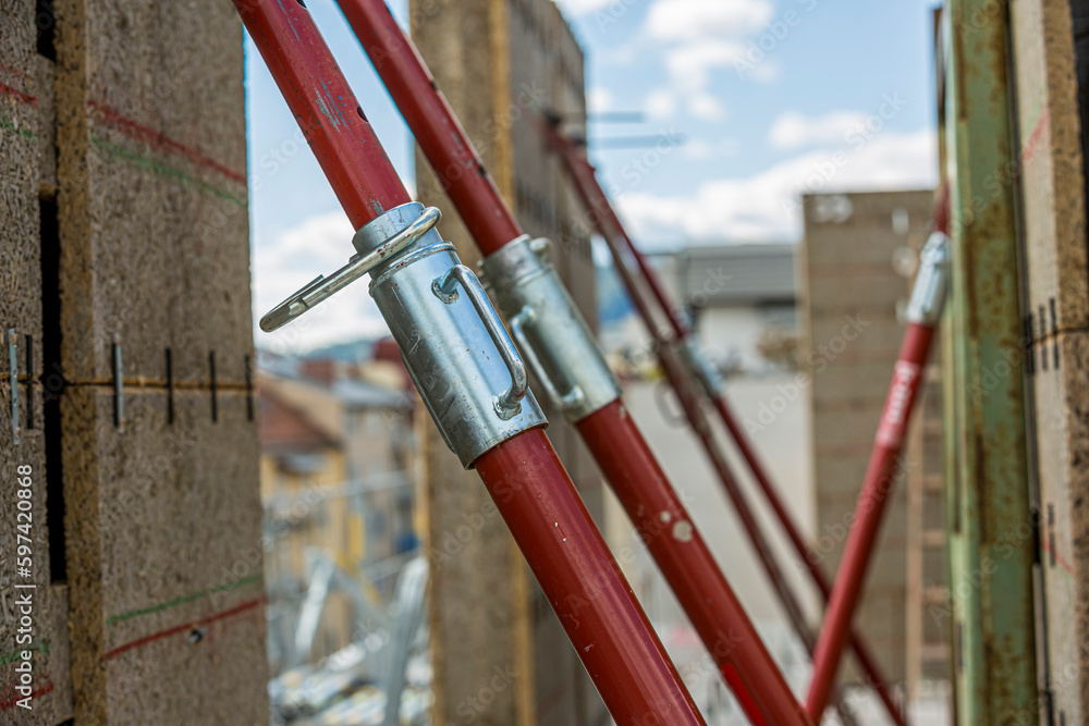 Scaffolding pipe clamp and parts, part of a construction site in Graz ...