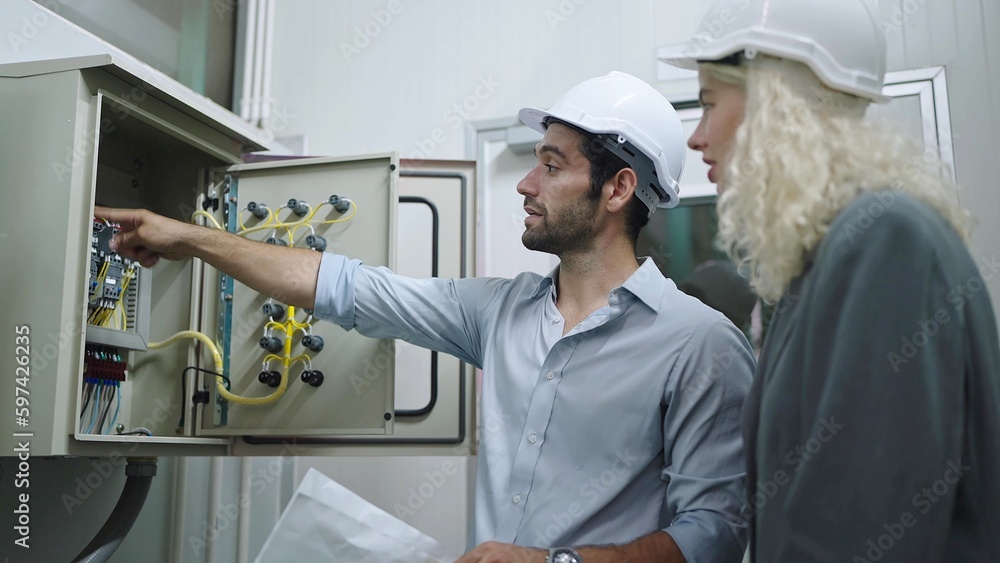 Electrician man worker and woman factory manager working and checking ...