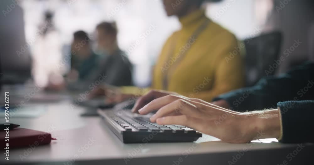 Close Up on Students Hands Typing University Lecture on a Desktop ...