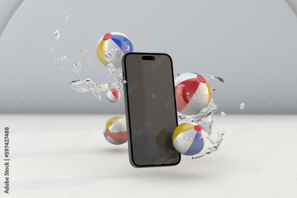Digital beach concept with Black iPhone 15 pro, ball beach and water ...