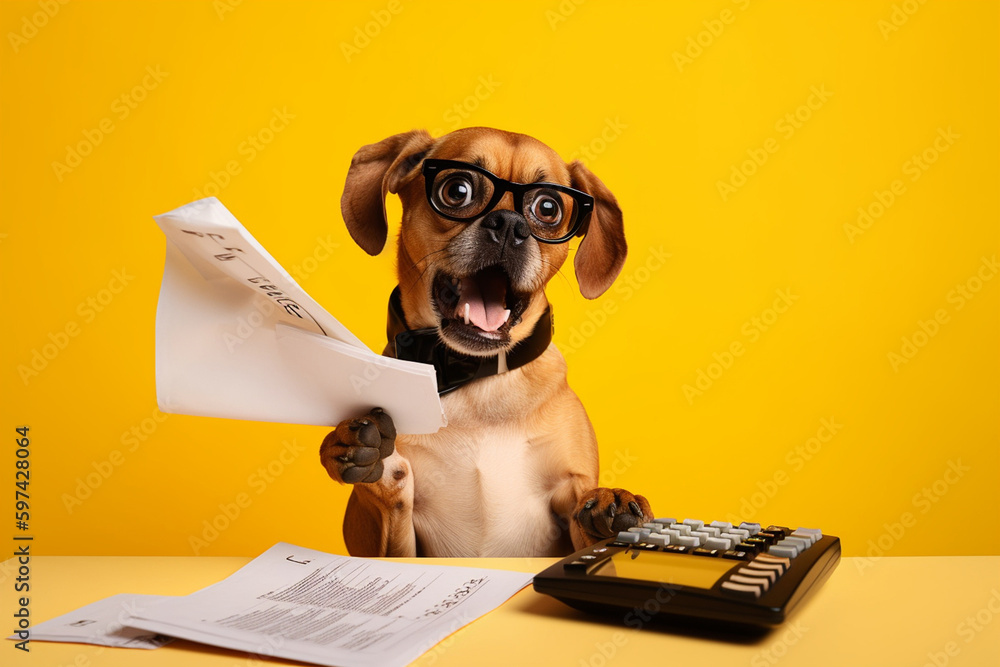 dog accountant, a dog with a calculator and bills, created by a neural ...