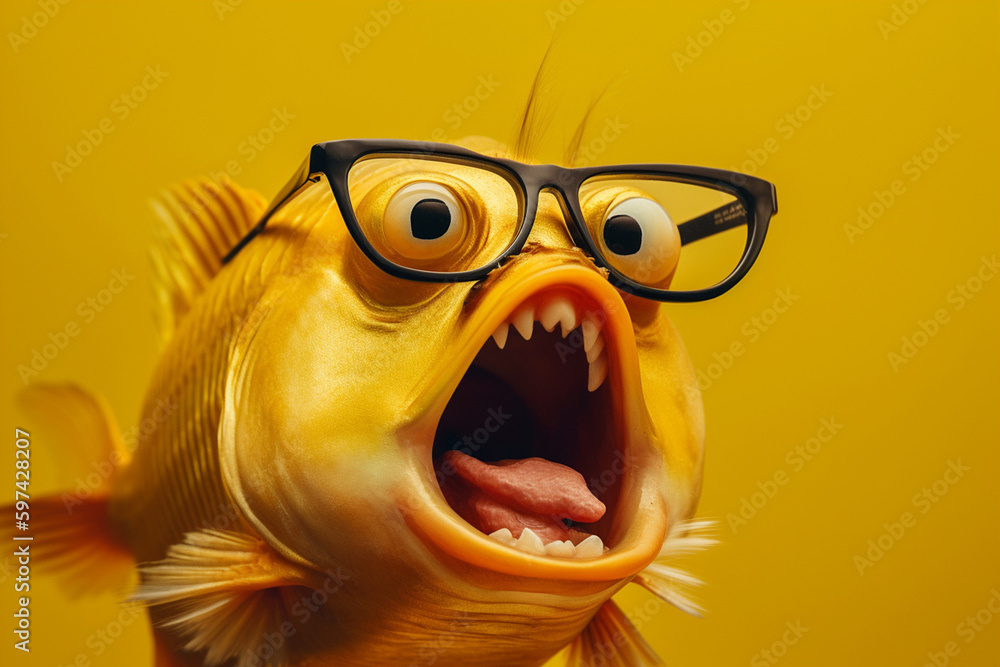 a shocked fish with glasses on a yellow background, created by a neural ...