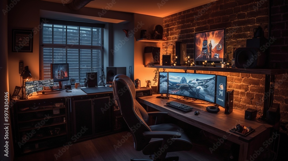 Cozy home game room with PC and desk. Multiple monitors. Ultrawide ...