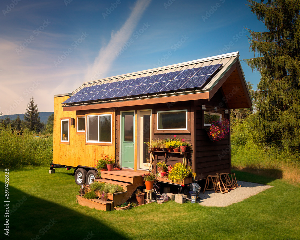 generative ai illustration of tiny house with photovoltaic panels ...
