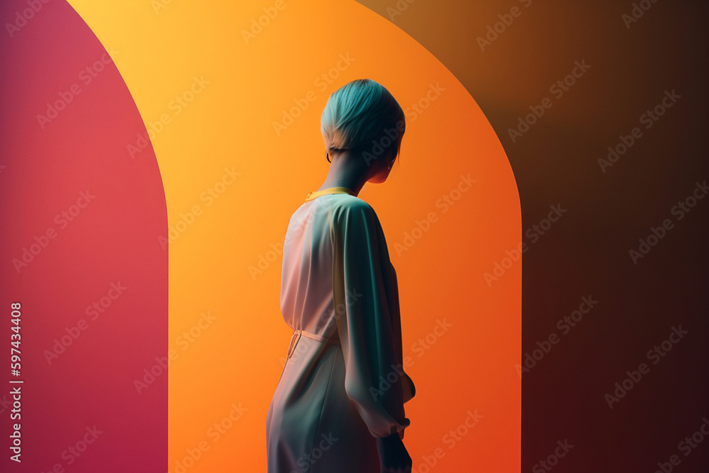 girl view from the back on an orange background, created by a neural ...