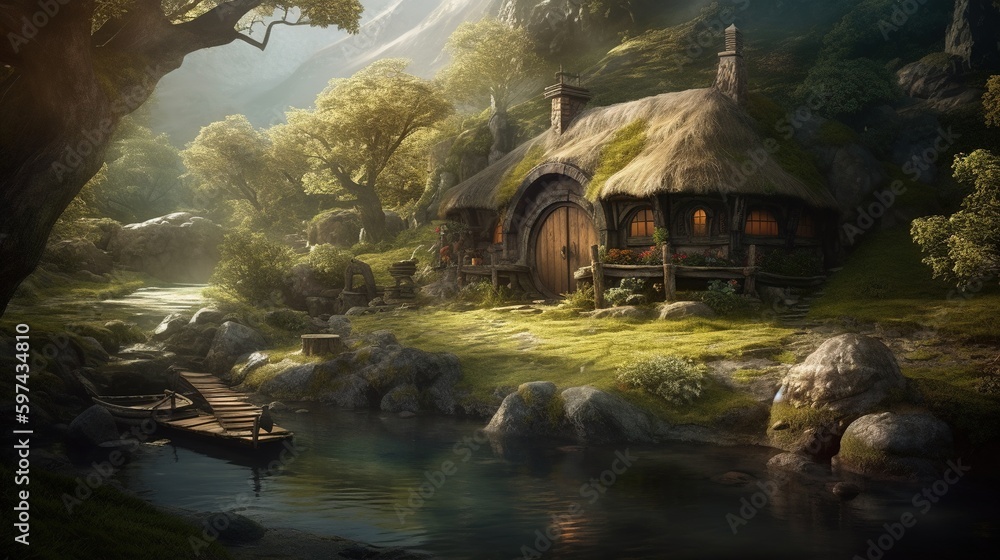 ภาพประกอบสต็อก Fantasy Hobbit style house in the forest. Concept art ...