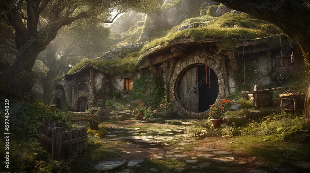 Fantasy Hobbit style house in the forest. Concept art illustration of ...