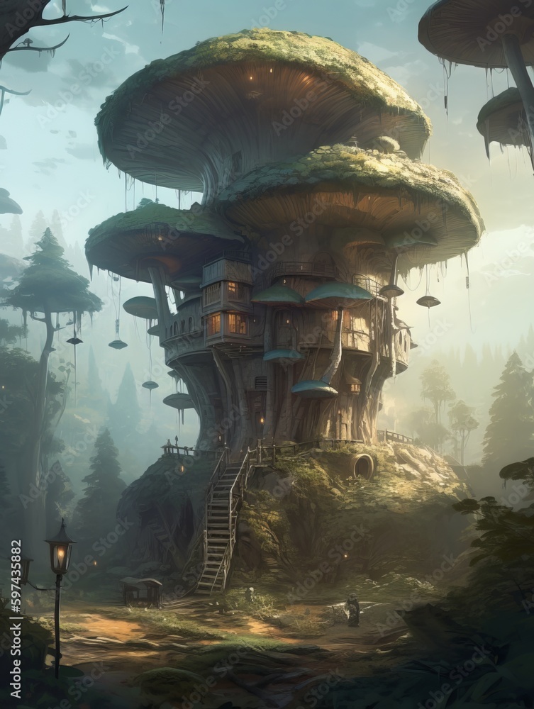 Fantasy mushroom house in the dark myst forest, fantasy art. Generative ...
