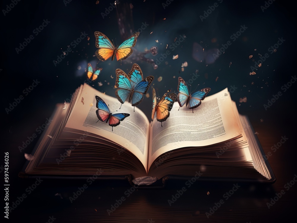 Magic book with magic light and butterflies comes from it, fantasy ...