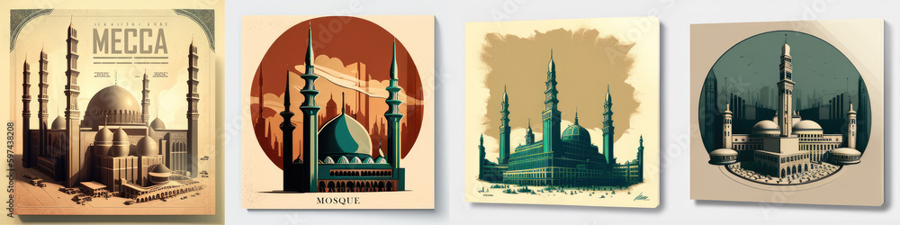 logo set of a great Mosque of Mecca in retro style. dome of the mosque ...