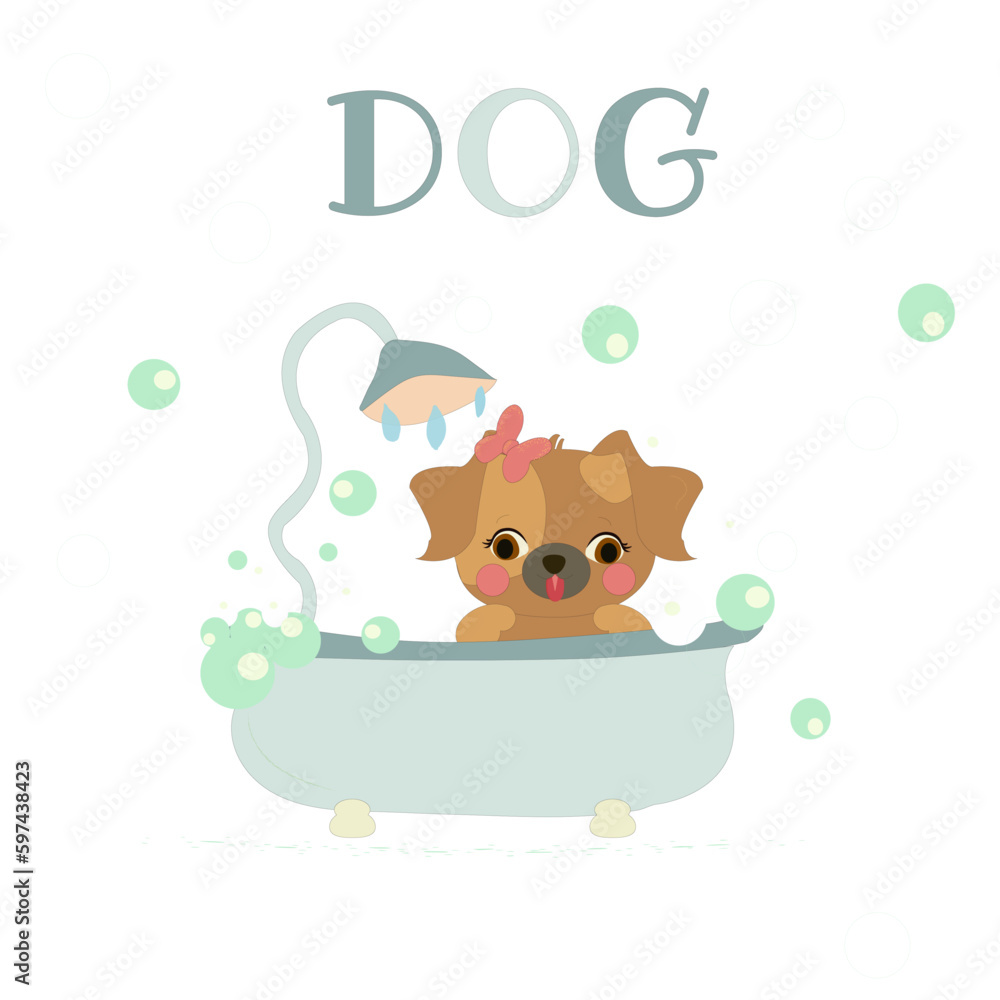 cartoon puppy takes a shower in the bathroom Stock Vector | Adobe Stock