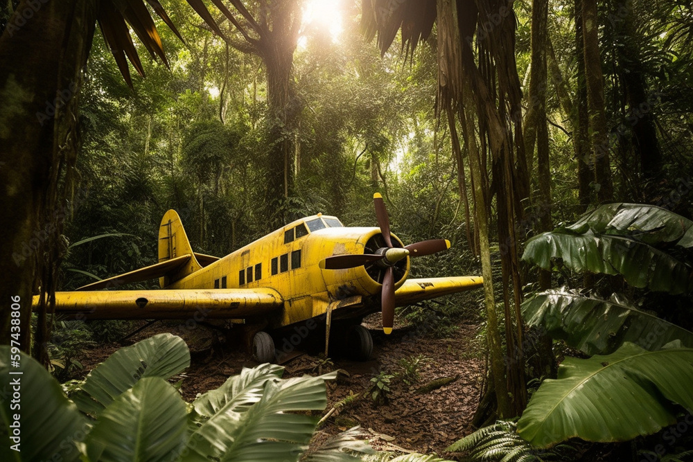 yellow plane crashed in the jungle, created by a neural network ...