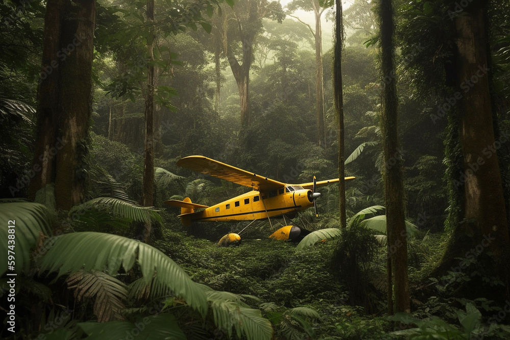 yellow plane crashed in the jungle, created by a neural network, Generative AI technology Stock ...