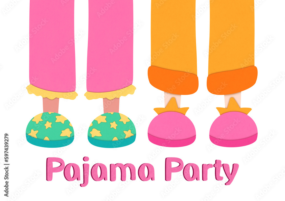 Legs in funny slippers and text Pajama Party on white background ...