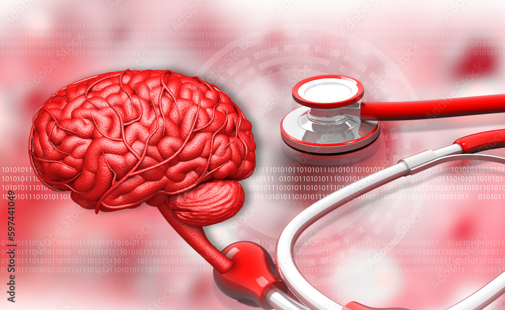 Human brain anatomy with stethoscope background. 3d illustration ...