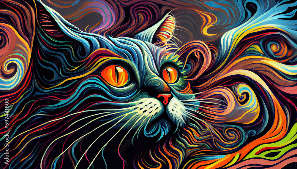 Psychedelic cat illustration. Colorful background. Hippie texture ...