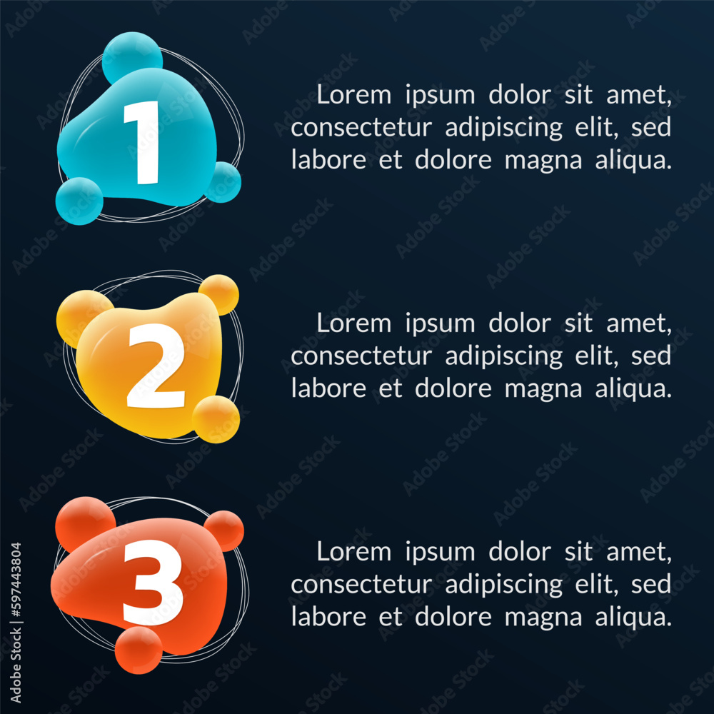 3 steps, option infographic. Menu, list design with 3d abstract liquid ...