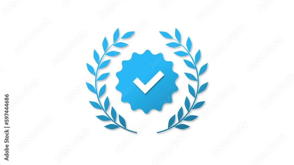 Blue tick checkmark laurel wreath popups on isolated background. Social ...