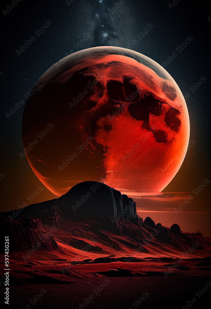 Red moon visible from planet earth, fantastic landscape. AI Generated ...