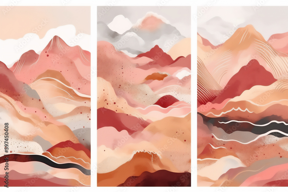 Watercolor abstract terracotta landscape mountains poster with pastel ...