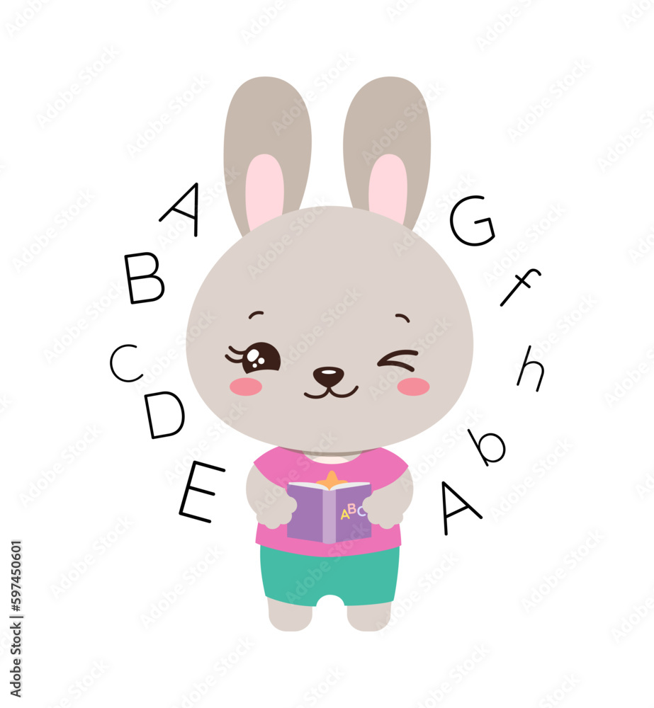 School student rabbit holding a textbook. Elementary pupil little bunny ...