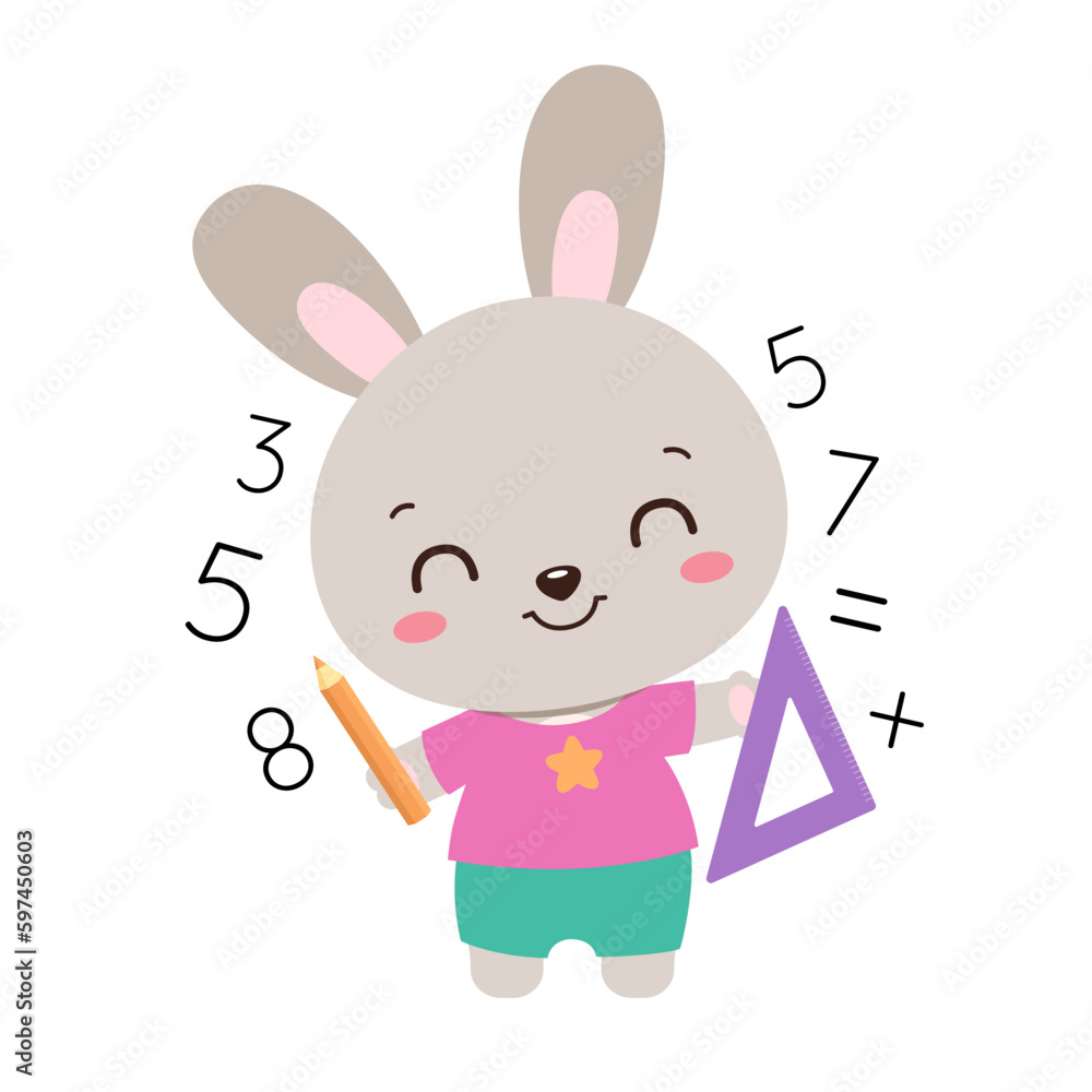 School student rabbit holding a pencil and ruler. Maths learning. Cute ...
