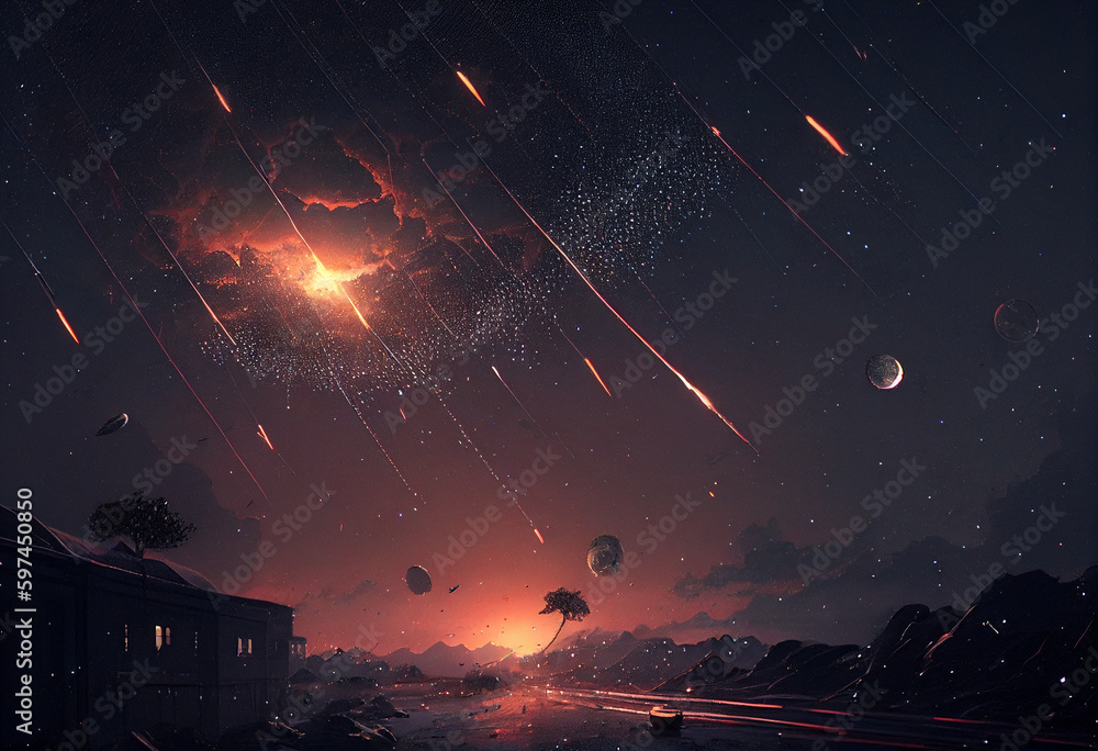 Meteor shower on the surface of planet Earth. AI Generated Stock ...