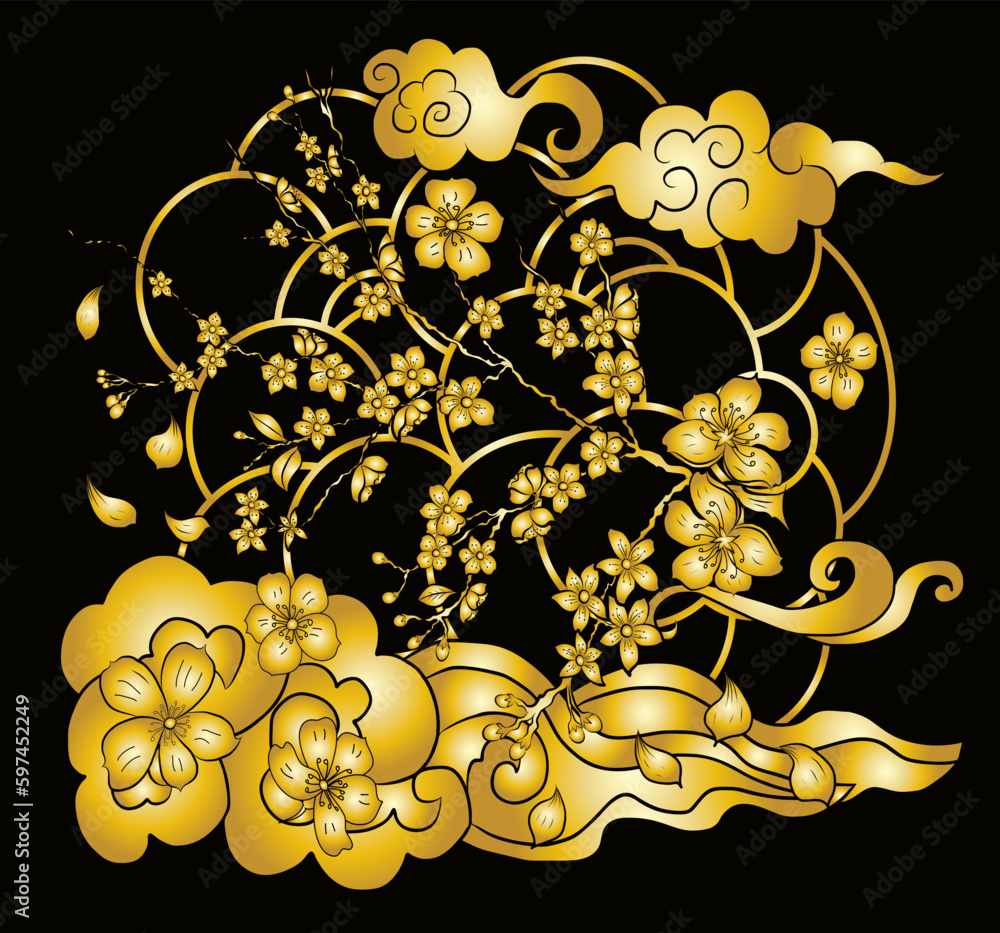 Sakura flower and clouds vector for background.Tattoo art with cherry ...