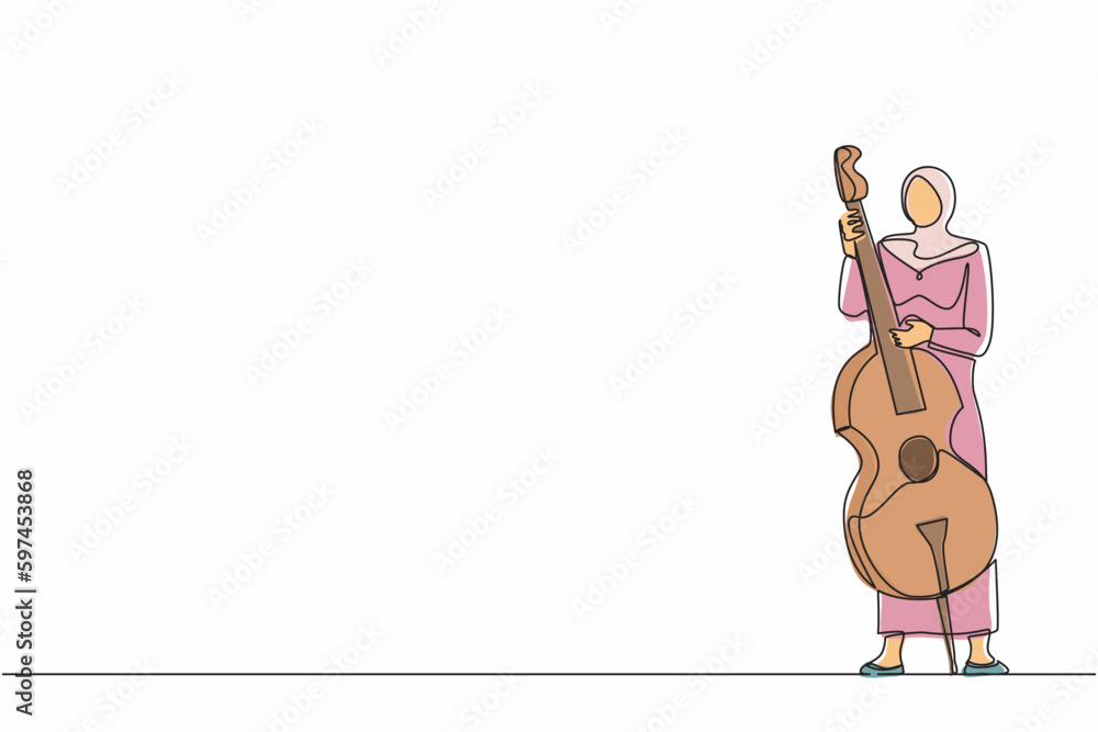 Continuous one line drawing double bass Arab player standing with big ...