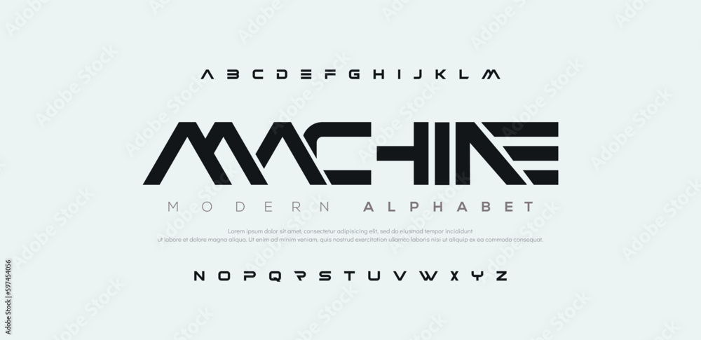 MACHINE, futuristic style alphabet. Thin segment line font, minimalist ...