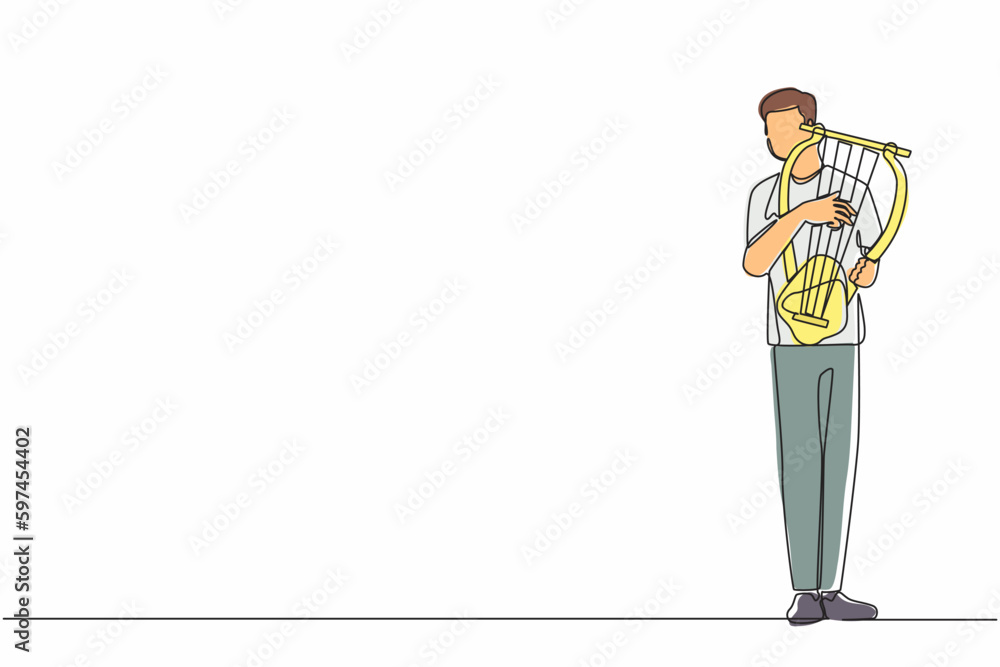 Continuous one line drawing male musician playing musical lyre ...