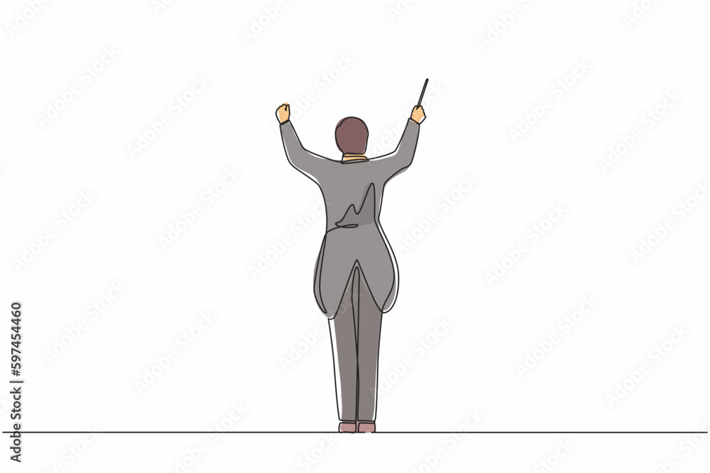 Single continuous line drawing back view of man conductor performing on ...