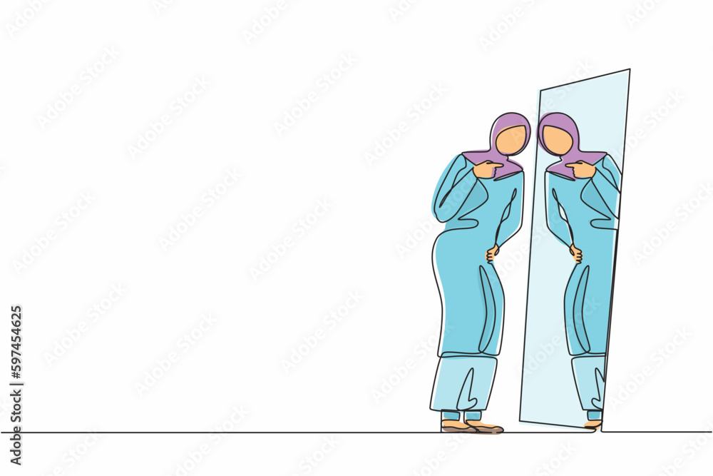 Continuous one line drawing angry Arab businesswoman fight with mirror ... Continuous one line drawing angry Arab businesswoman fight with mirror ...