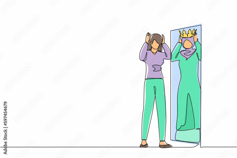 Continuous one line drawing Arabian businesswoman looking at mirror and ...