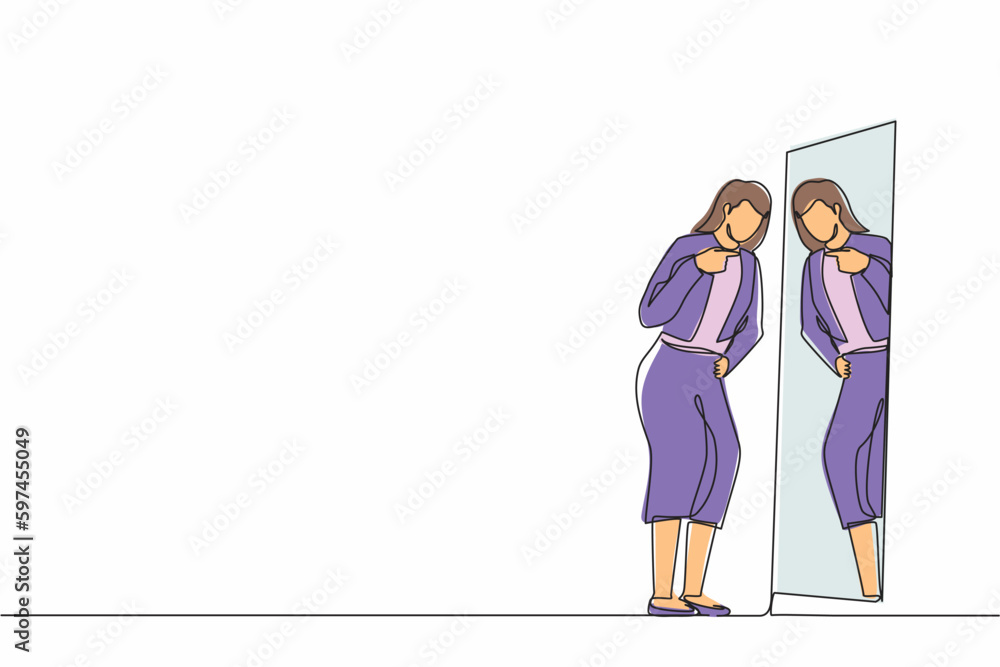 Continuous one line drawing angry businesswoman fight with mirror ... Continuous one line drawing angry businesswoman fight with mirror ...