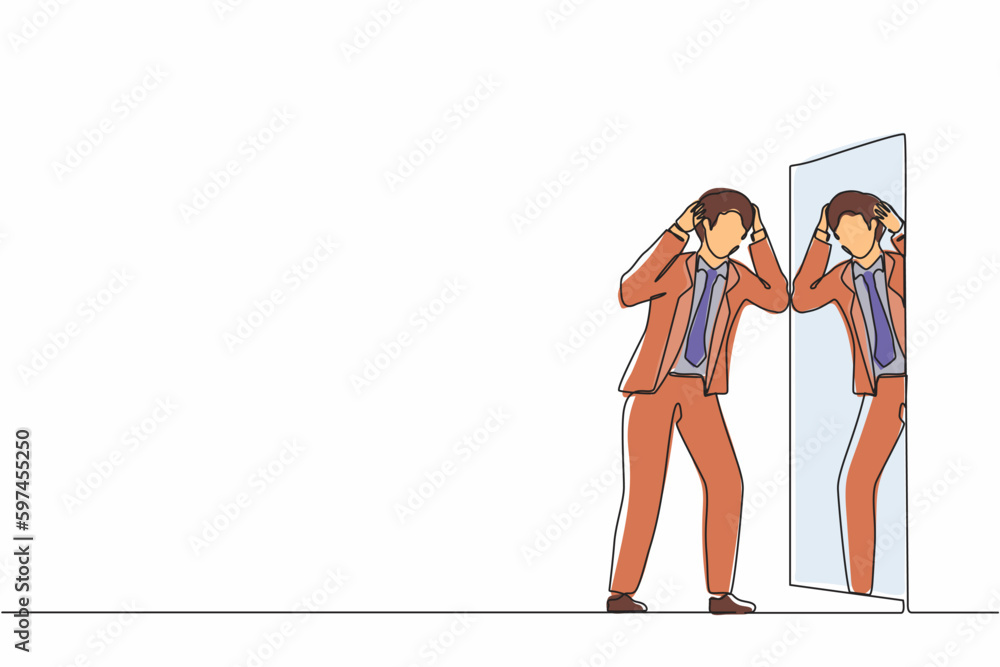Single one line drawing frustrated businessman see himself failure in ...