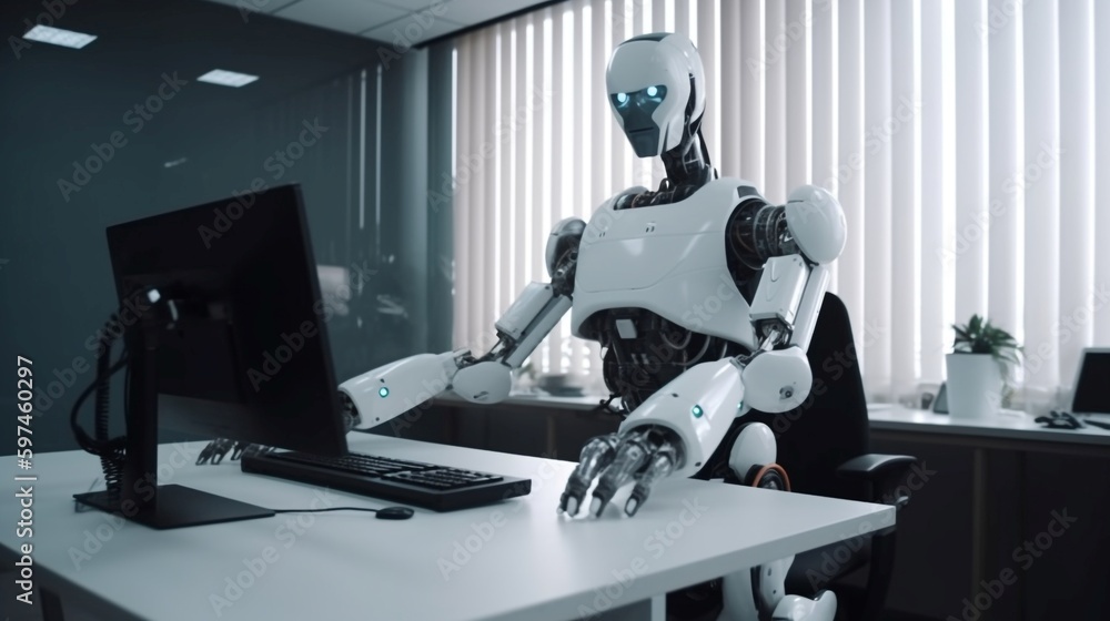 Robot humanoid working on computer in modern office, concept of ...