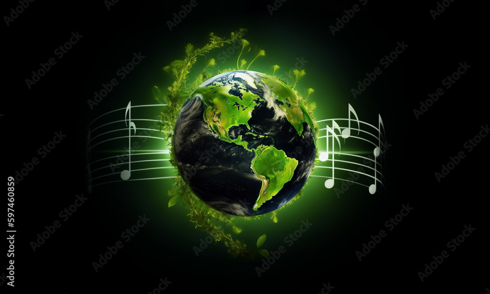 Harmony of nature, music notes around planet earth, environment day ...