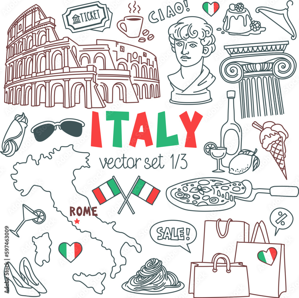 Italy doodle set. Italian landmarks, cities and cuisine. Vector ...