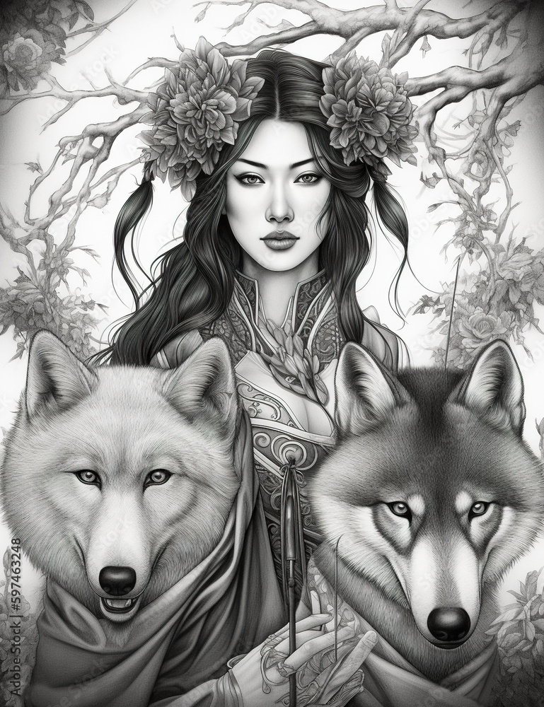 Fantasy character with Asian influences, black white illustration ...