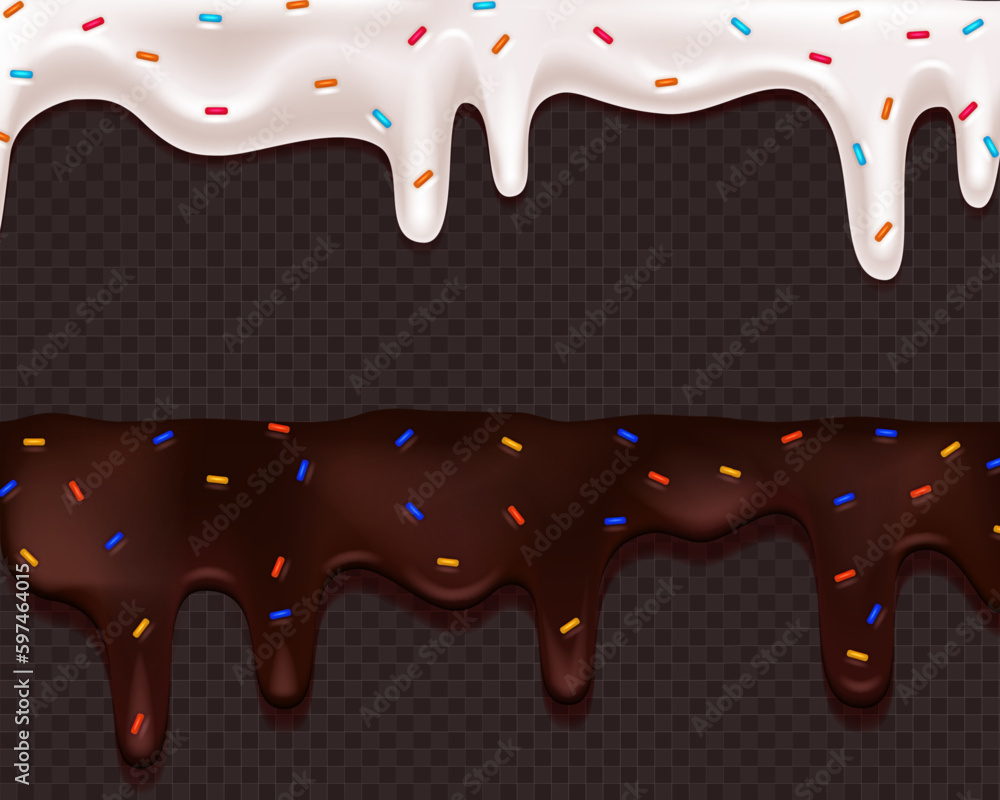 Realistic drip cream drops melt drops with sprinkles. Melted white ...