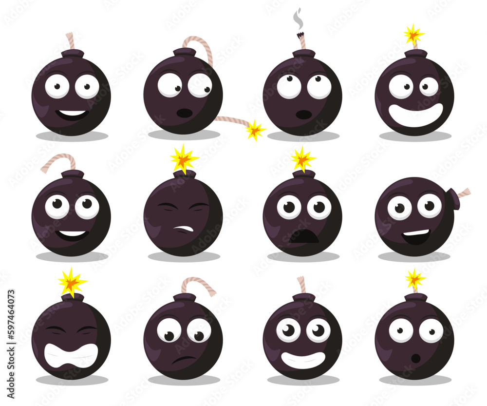 Cartoon bomb emotions set. Doodle explosive round weapon mascot with ...