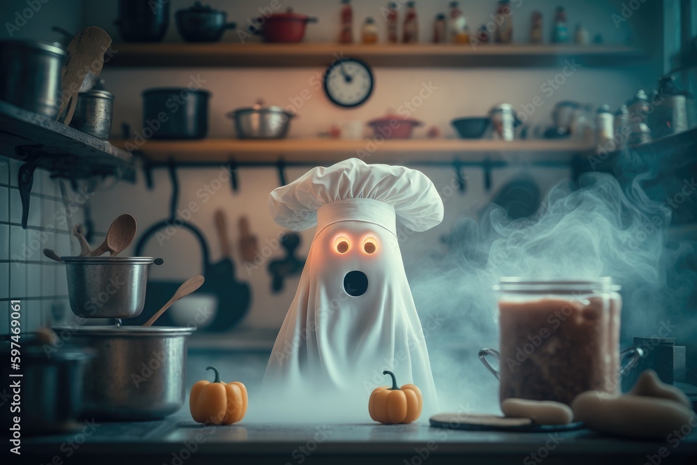 Сute and funny ghost wearing a chef hat, cooking in the kitchen. Stock ...